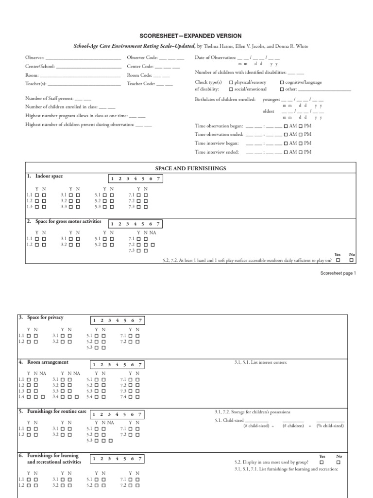 School-Age Care Rating Scoresheet | PDF | Psychological Concepts ...