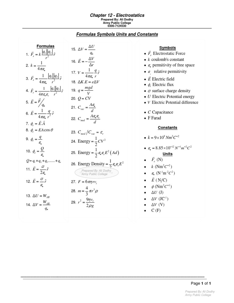 Electrostatic Formulas | PDF | Electric Field | Electrostatics