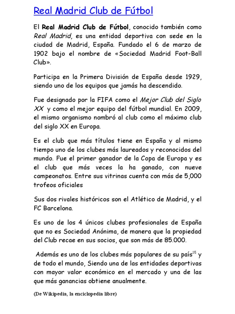 Real Madrid Club de Fútbol Lectura Comprensiva | PDF