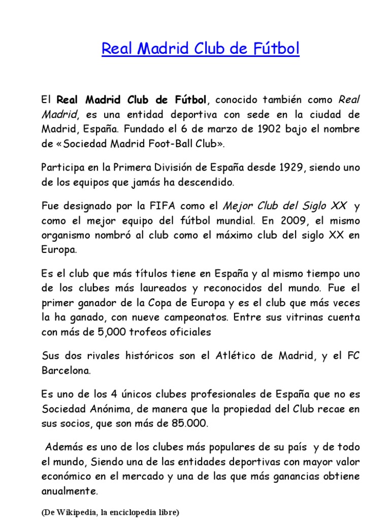 Lectura Comprensiva El Real Madrid | PDF | Real Madrid CF | Asociación ...