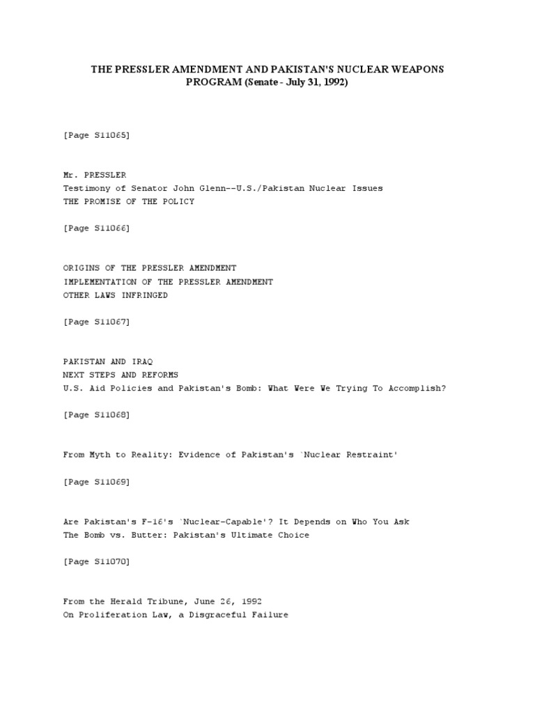 The Pressler Amendment and Pakistan | PDF | Nuclear Proliferation ...