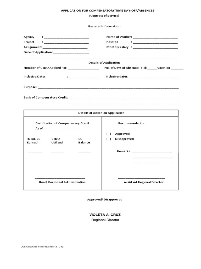 Application For Compensatory Time Day-Off | PDF | Government | Business