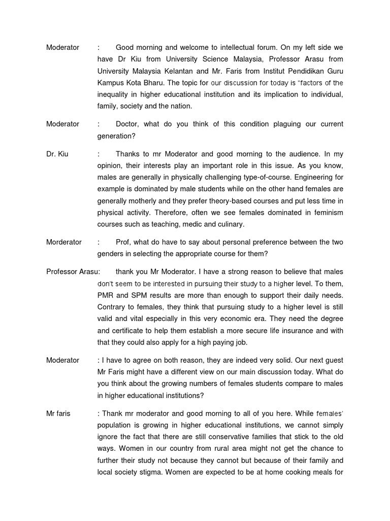 Moderator, Forum, EDU 3106 | PDF | Gender | Gender Studies