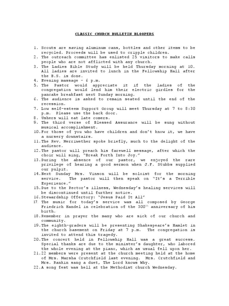 Classic Church Bulletin Bloopers and Other Snippets | PDF | Marriage ...
