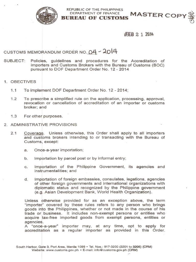 Customs Memorandum Order 04 2014