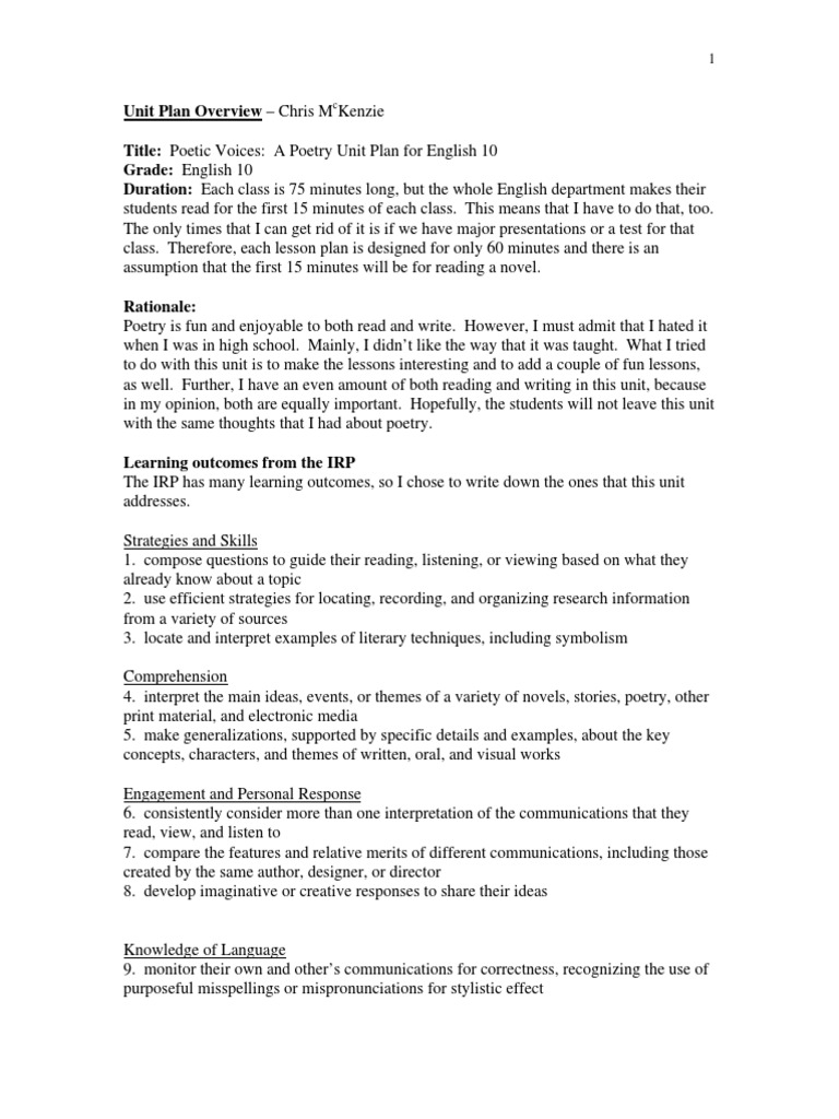 10chris Mackenzie Poetry Unit Plan | PDF | Poetry