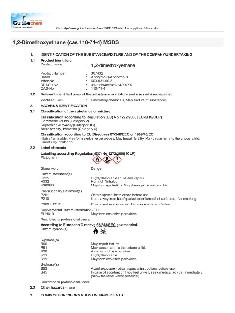 The MSDS of 1,2-Dimethoxyethane (Cas 110-71-4) | Personal Protective ...