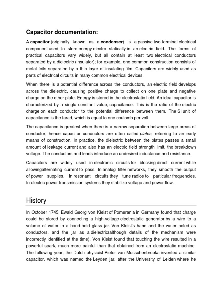 Capacitor Documentation | PDF | Capacitor | Electrical Components