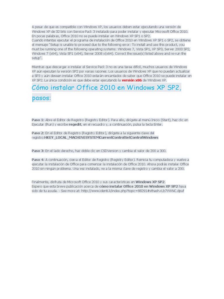 Instalar Office 2010 en Windows XP Sp2 | PDF