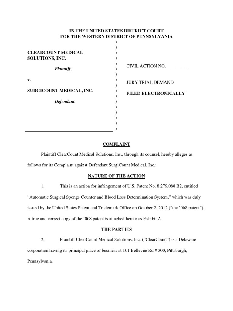 Clearcount Medical Solutions v. Surgicount Medical | PDF | Patent | Lawsuit