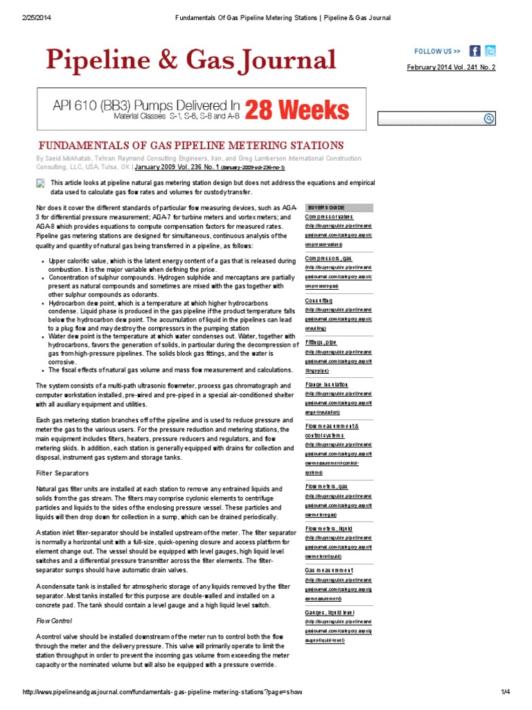 Fundamentals of Gas Pipeline Metering Stations - Pipeline & Gas Journal ...