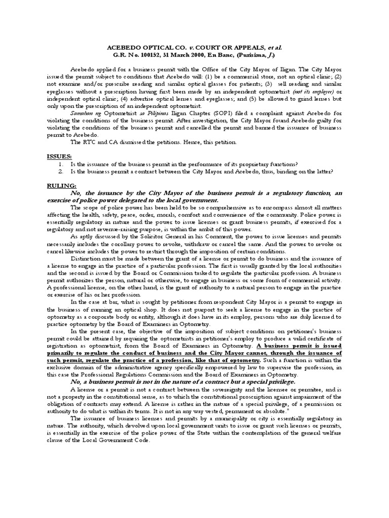 Acebedo Optical Co v. CA | PDF | Optometry | Profession