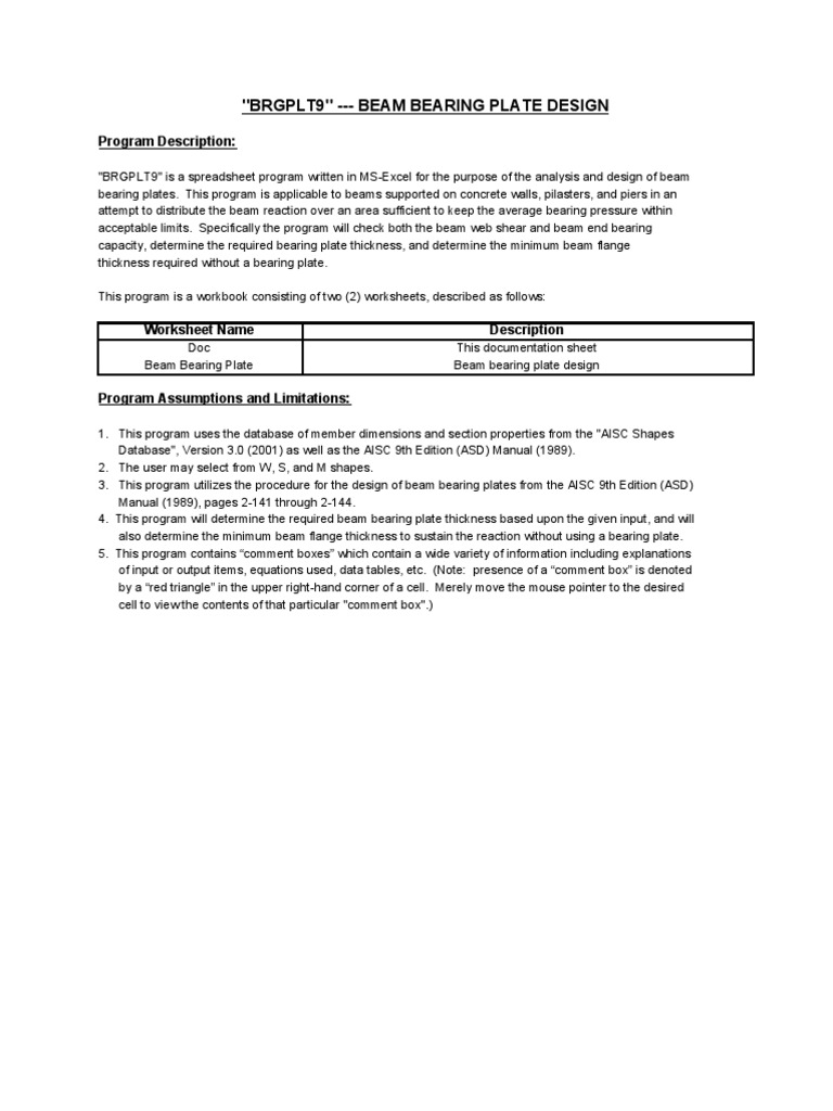 "Brgplt9" - Beam Bearing Plate Design | PDF | Spreadsheet | Beam ...