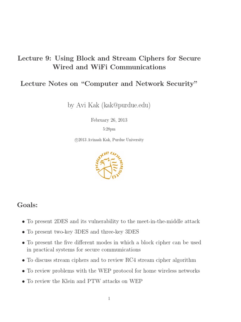 Lecture 9 Using Block And Stream Ciphers For Secure Wired And Wifi Communications Lecture Notes 
