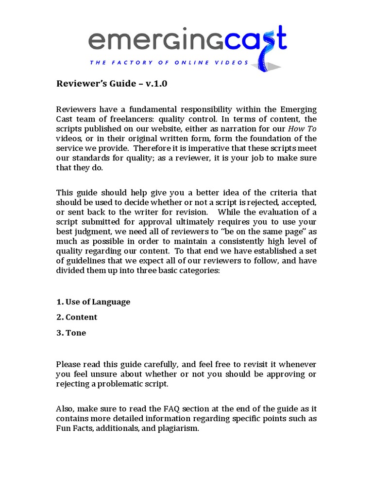 Reviewer's Guide - v.1.0: 1. Use of Language 2. Content 3. Tone | PDF ...