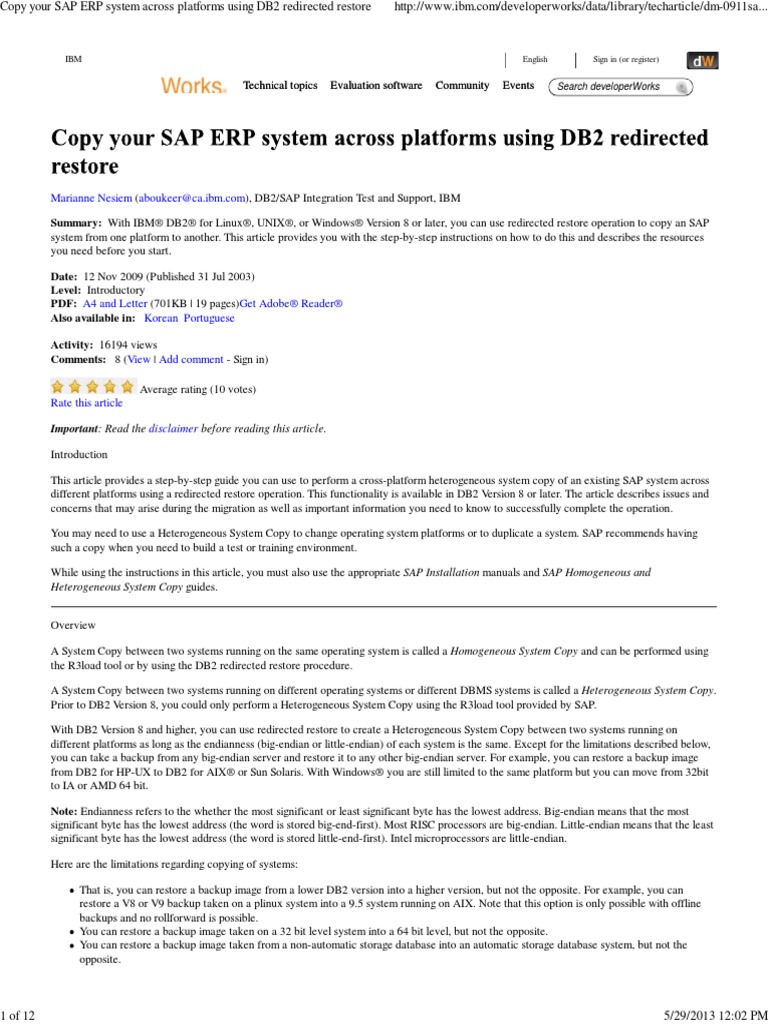 Copy Your SAP ERP System Across Platforms Using DB2 Redirected Restore | PDF | Databases ...