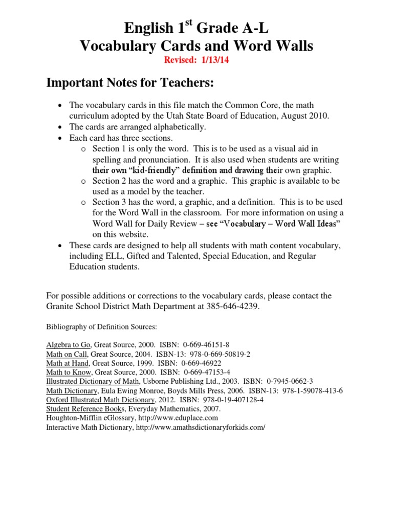 Vocabulary Cards 1st Grade A-L | PDF | Shape | Equations