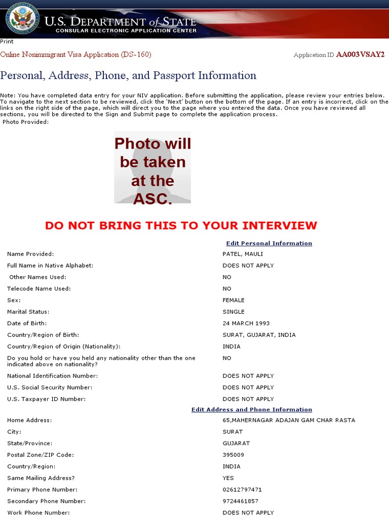 Non-Immigrant Visa - Review Personal, Address, Phone, and Passport ...