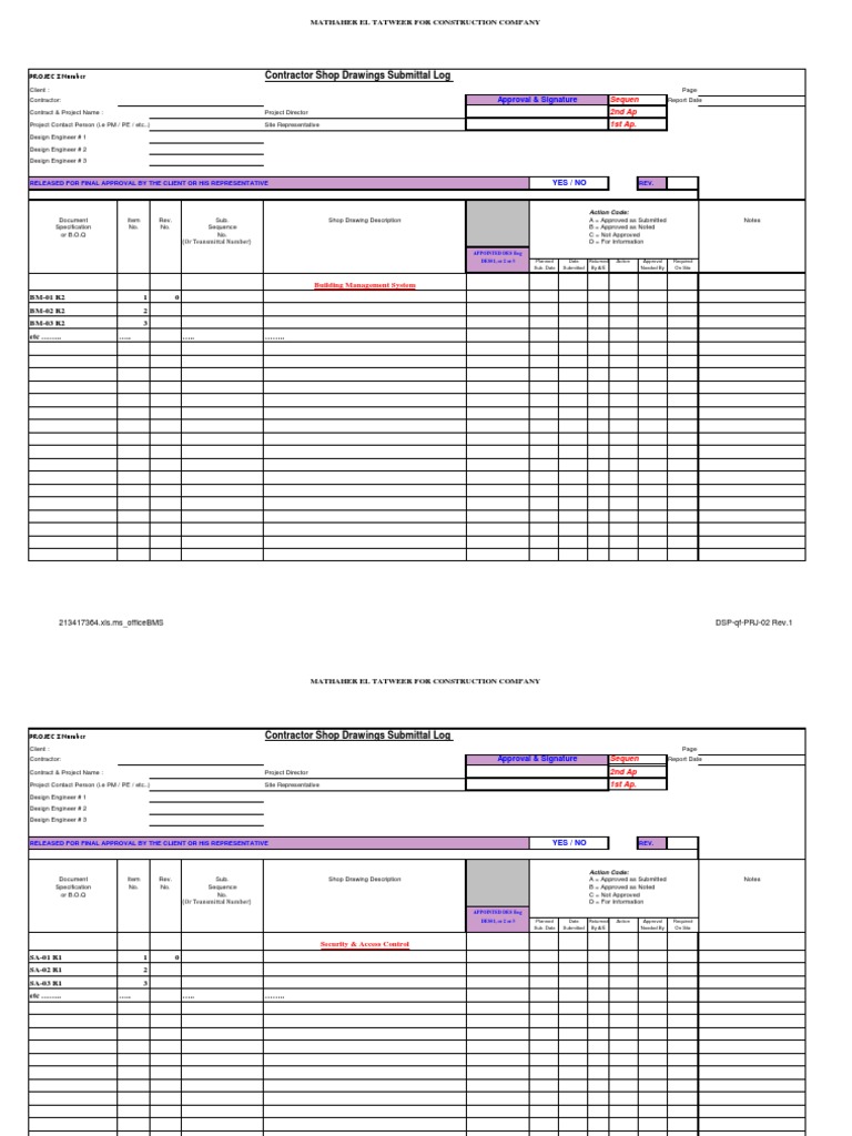 QRD-OP-08 Shop Drawings Submittals Log | Download Free PDF ...