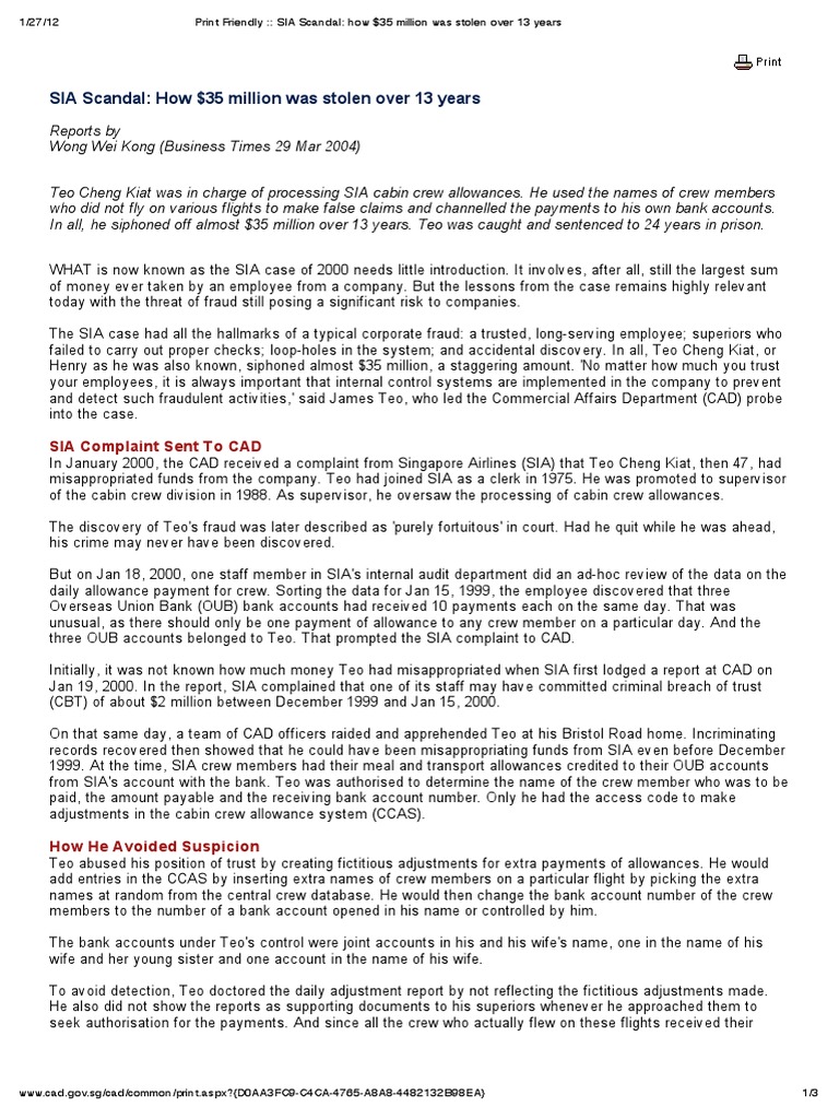 ACC3612 - SIA Scandal - How $35 Million Was Stolen Over 13 Years (CAD) - 1 | PDF | Fraud | Plea