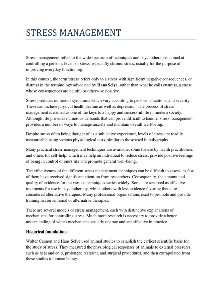 Stress Managemen Paper | Stress Management | Stress (Biology)