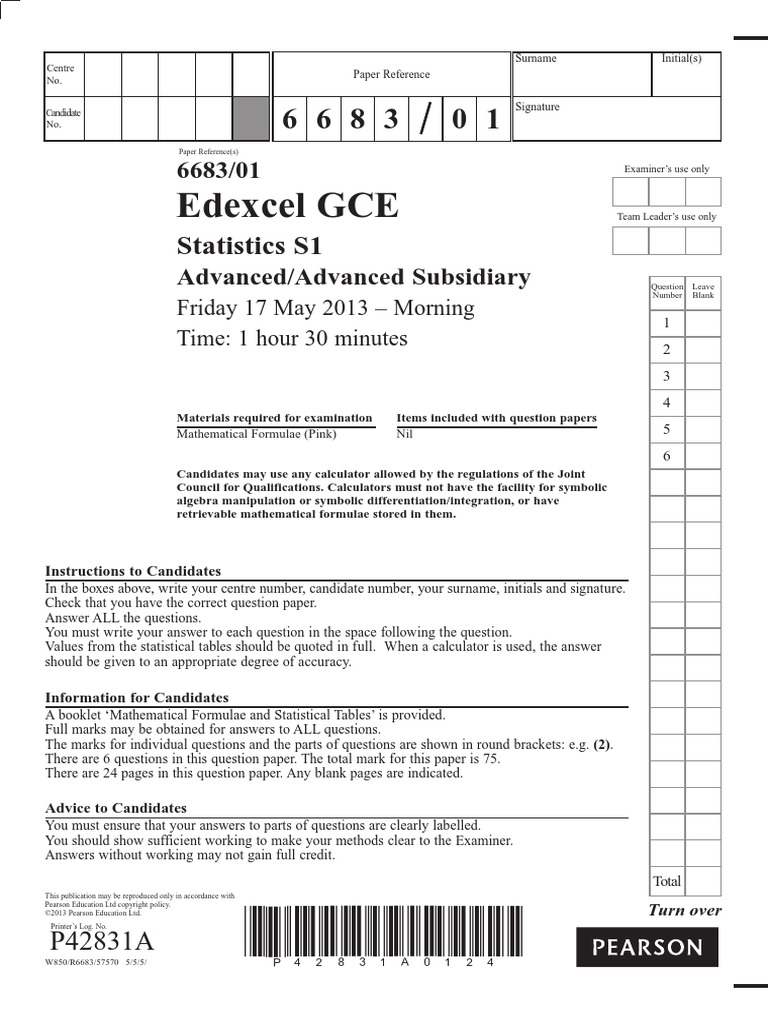 Edexcel GCE: Statistics S1 | PDF