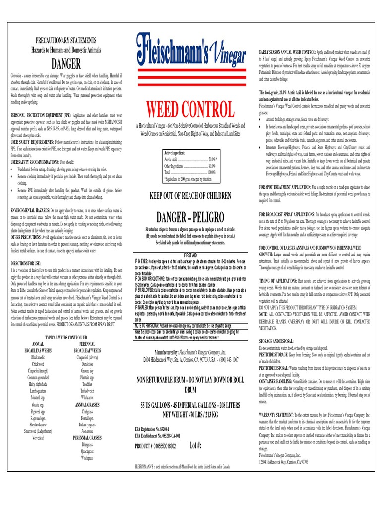 Fleischmann's Vinegar Weed Control | PDF | Weed | Personal Protective ...