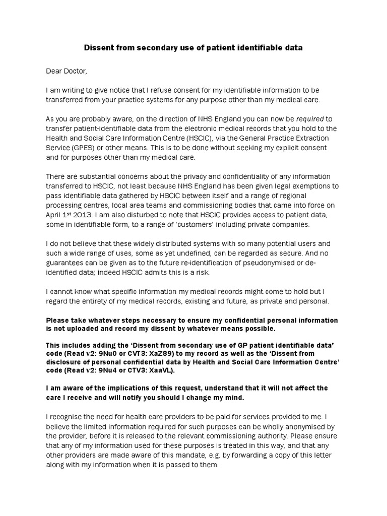 Opt Out Letter Template | PDF | Medical Record | Confidentiality