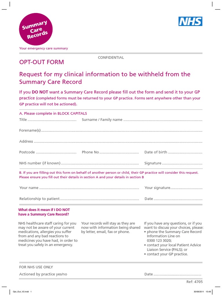 Opt-Out Form Request For My Clinical Information To Be Withheld From The Summary Care Record | PDF