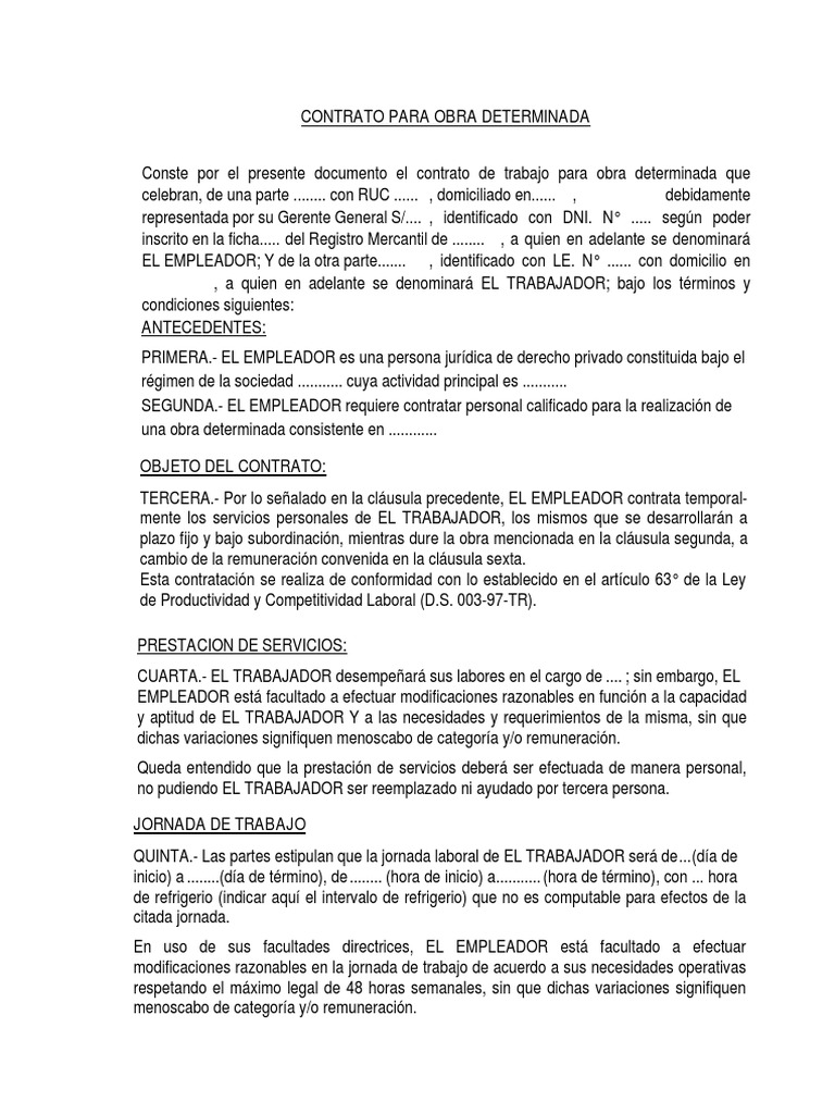 Contrato de Trabajo para Obra Determinada | PDF