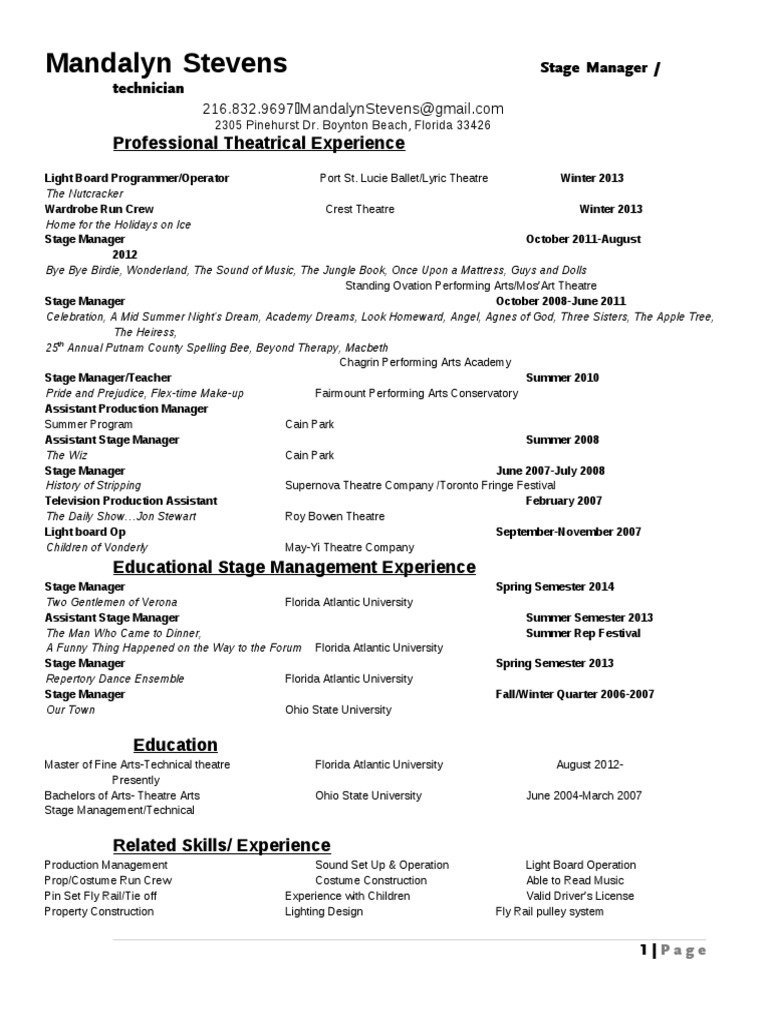 Mandalyn Stevens: Professional Theatrical Experience | PDF
