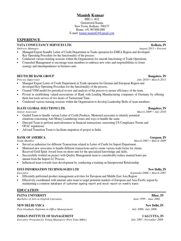 Manish Kumar - CV | PDF | Letter Of Credit | Kolkata