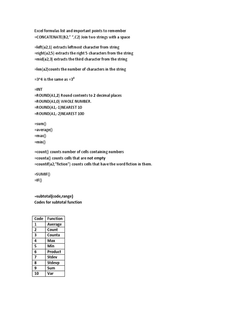 Excel Formulas List and Important Points To Remember | PDF | Microsoft ...