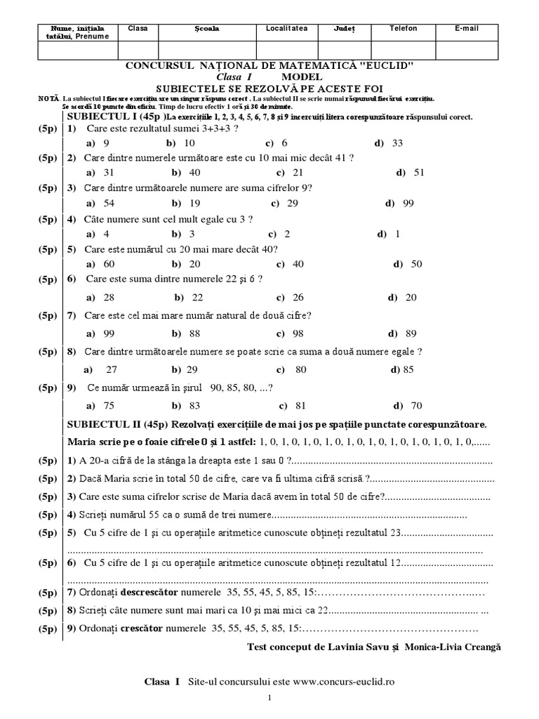 Mate - Info.ro.2061 Model Subiect Si Barem - Concurs Euclid - Clasa I | PDF