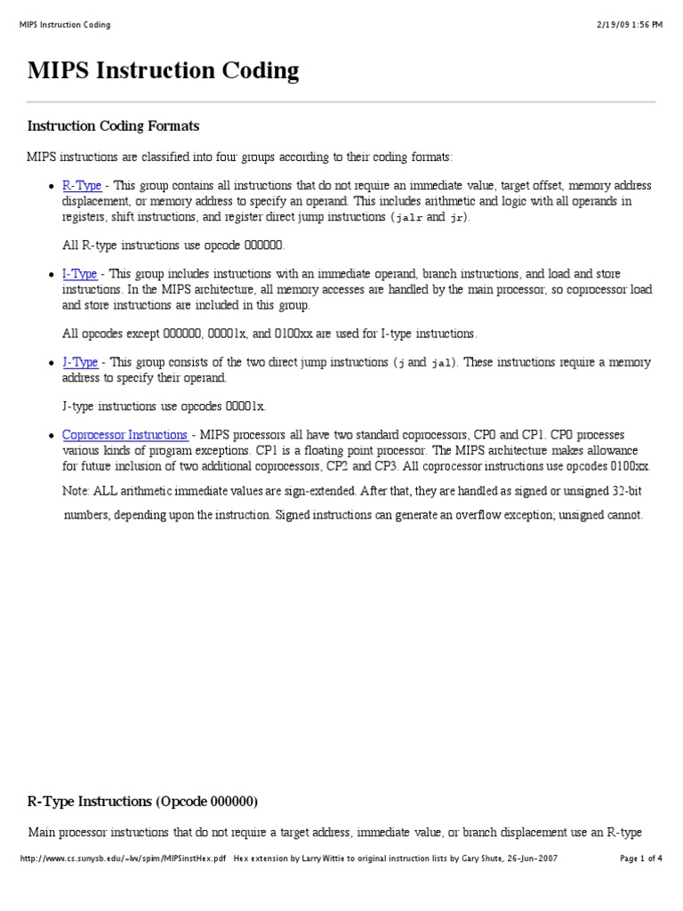 Mips Instruction Coding With Hex Mips Instruction Set Instruction Set