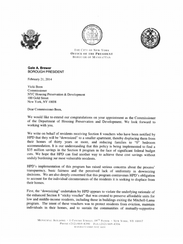Letter Calling For A Moratorium On Section 8 Downsizing (February 21 ...