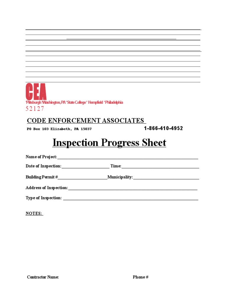 Inspection Progress Sheet: Code Enforcement Associates | PDF