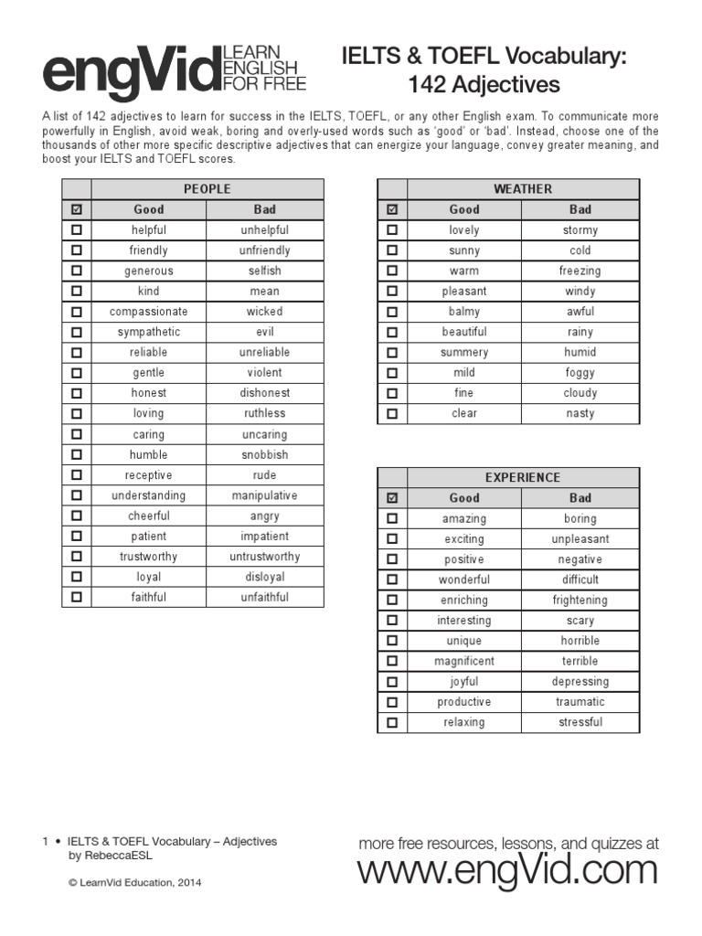 IELTS TOEFL Vocabulary Adjectives | PDF