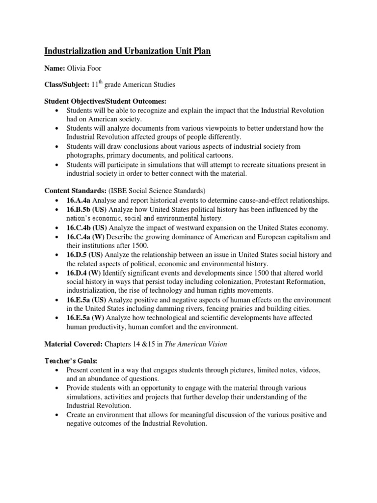 Industrialization and Urbanization Unit Plan | PDF | Environmental ...