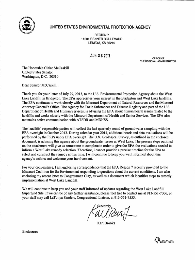 Letter and Attachment From EPA Region 7 Administrator Karl Brooks To U ...