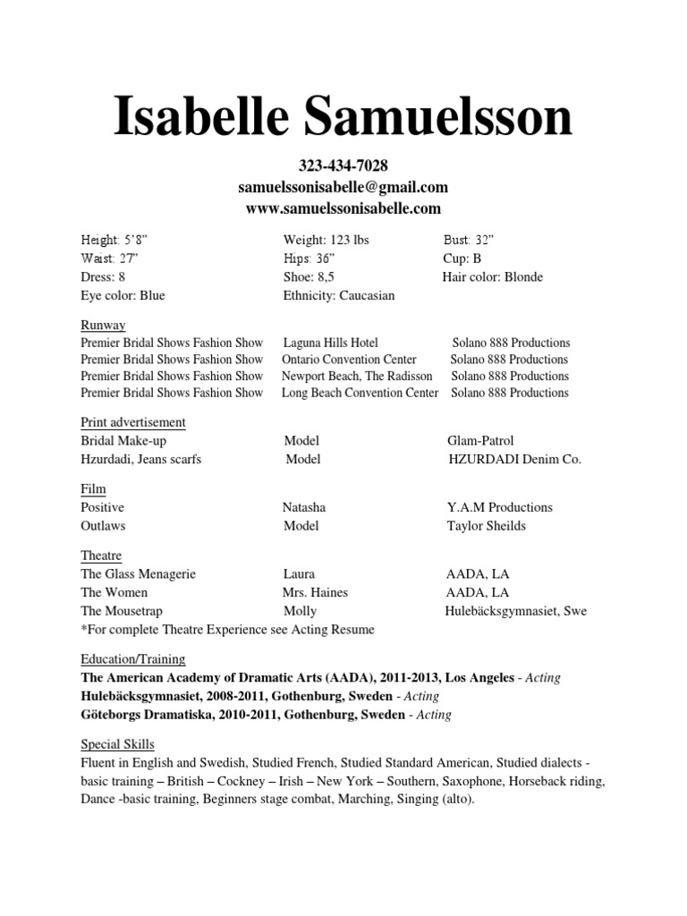 Isabelle Samuelsson: Model & Actress Profile | PDF