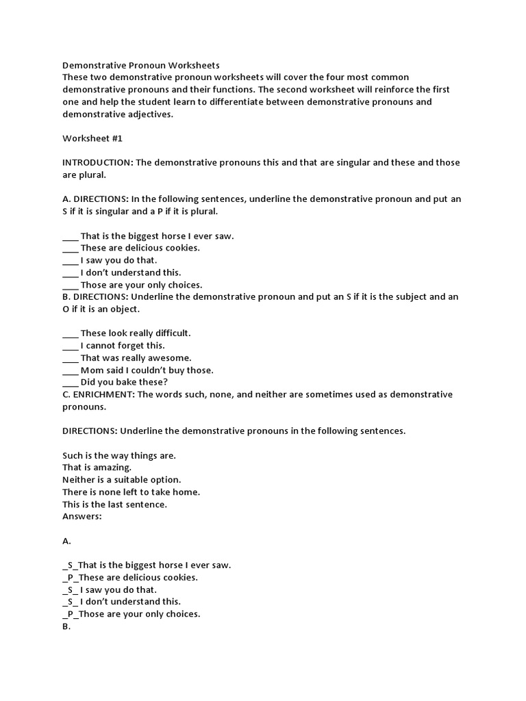 Demonstrative Pronouns Worksheets | PDF | Pronoun | Grammatical Number