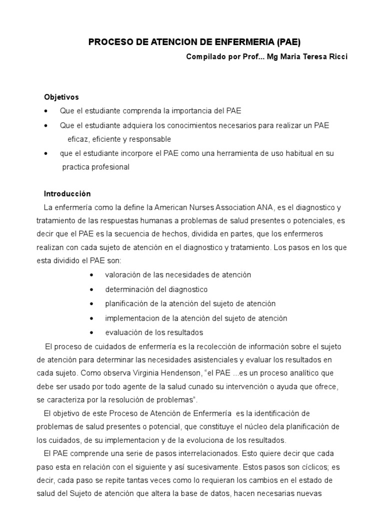 Proceso de Atencion de Enfermeria (Pae) : Compilado Por Prof... MG Maria Teresa Ricci | PDF ...