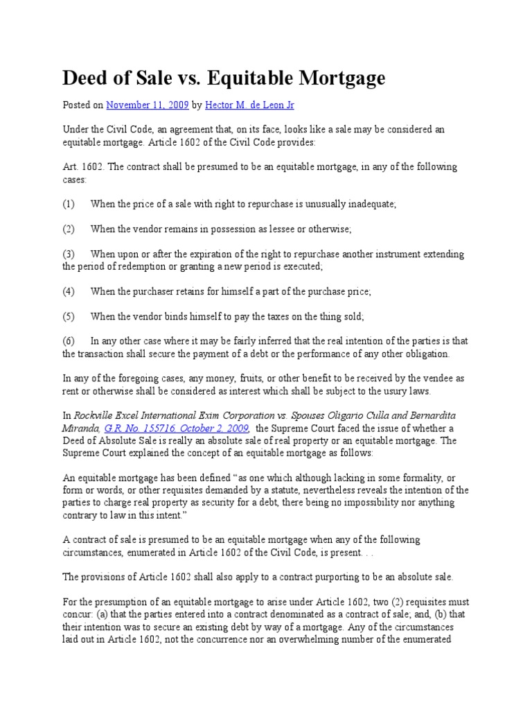 Equitable Mortgage vs. Deed of Sale | PDF | Property | Urban