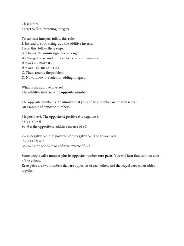 Subtracting Integers: Key Rules & Examples | PDF | Subtraction | Numbers