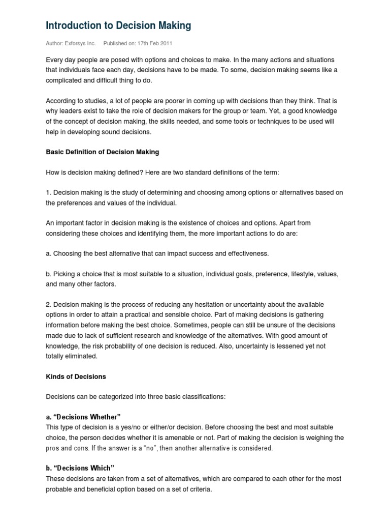 Introduction To Decision Making | PDF | Decision Making | Choice