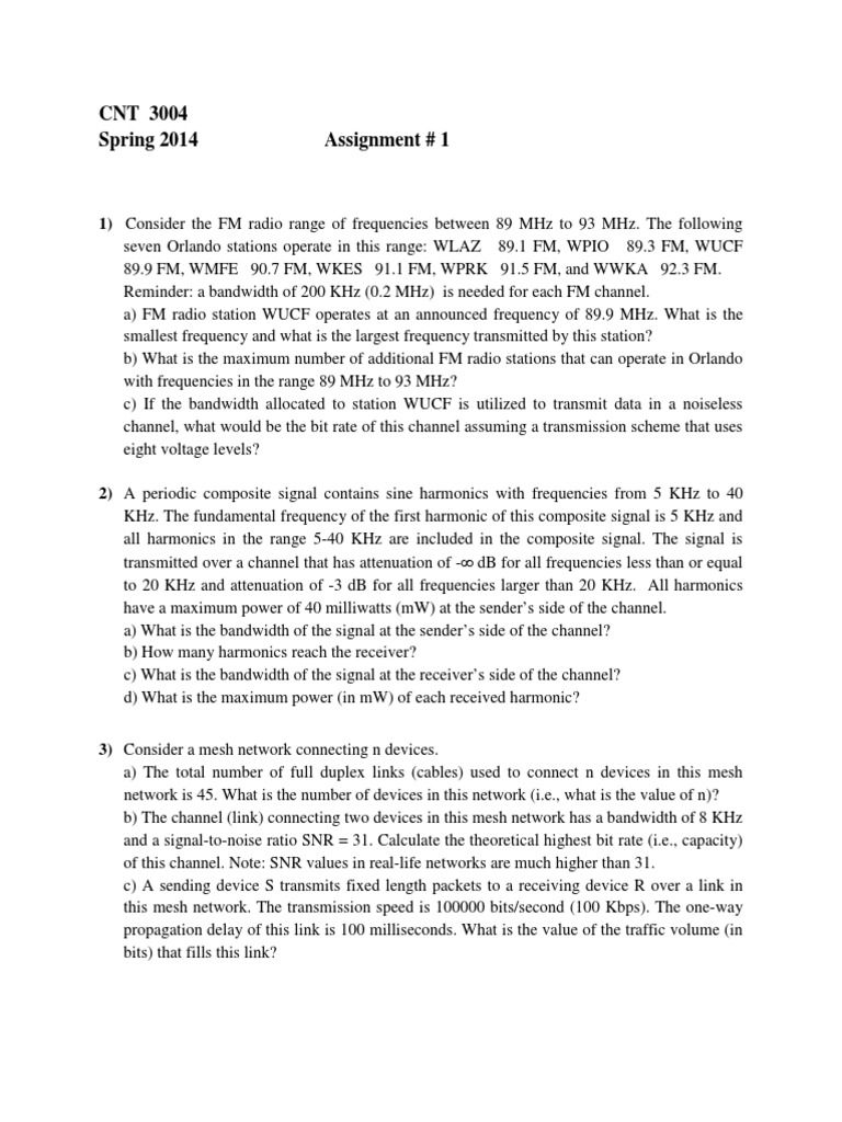 Network Concepts - Assignment 1 | PDF | Signal To Noise Ratio | Bandwidth (Signal Processing)