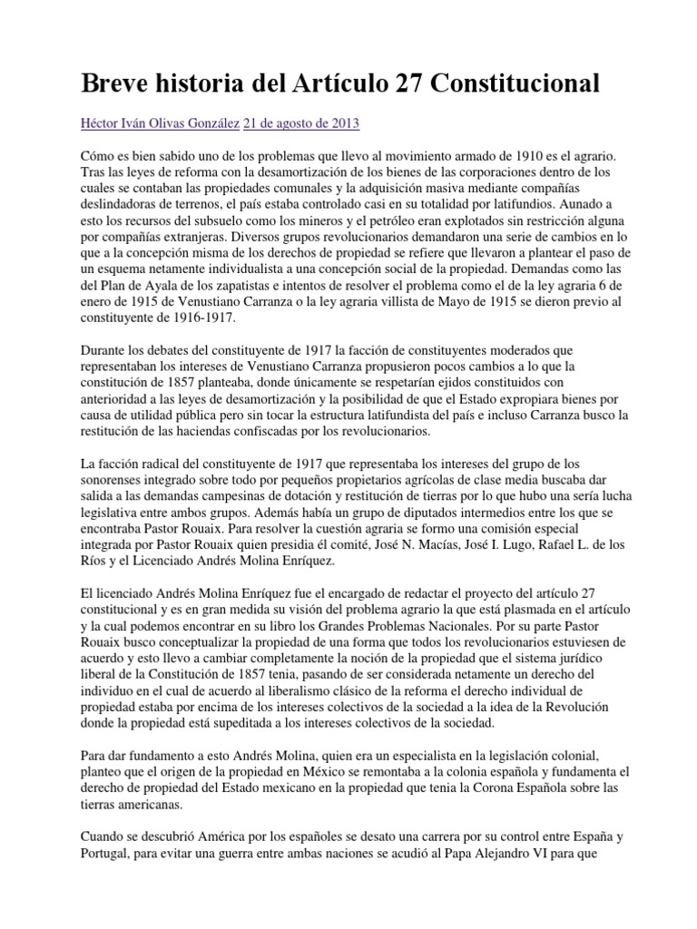 Breve Historia Del Artículo 27 Constitucional | PDF | Gobierno | Tratado