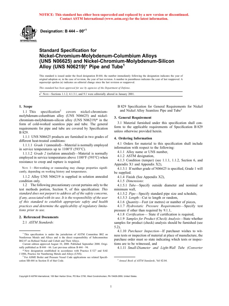 Astm B444 | PDF | Annealing (Metallurgy) | Pipe (Fluid Conveyance)