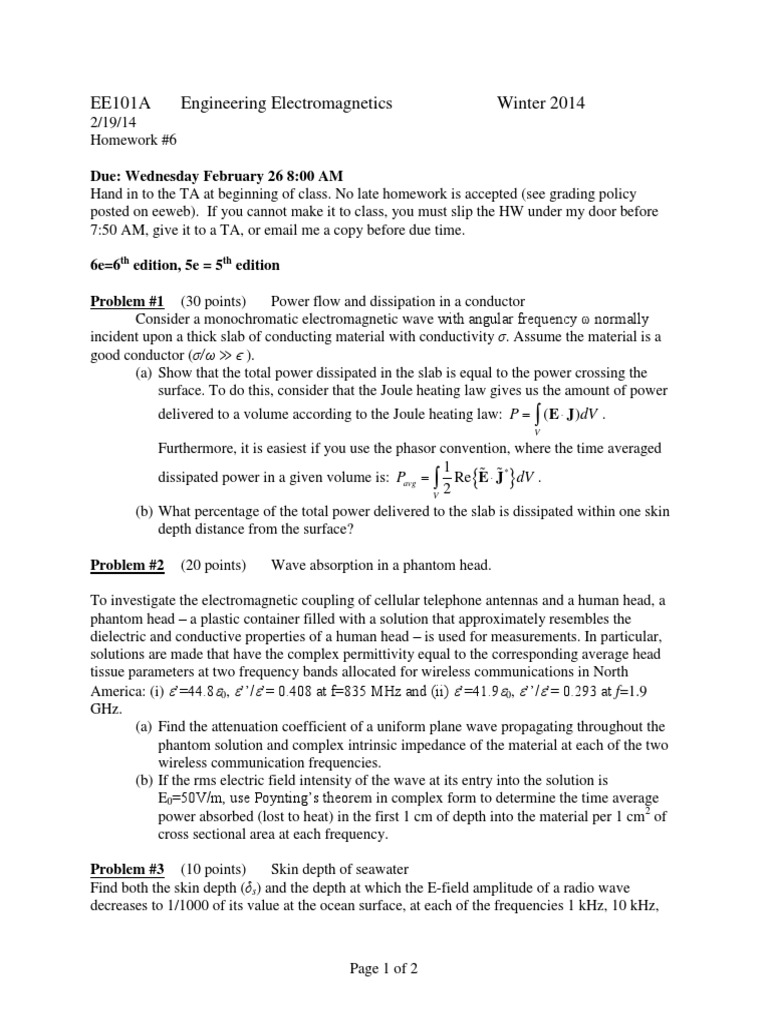 EE101A Electromagnetics Homework Solutions | PDF | Electromagnetic ...